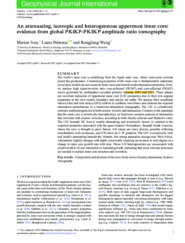 (PDF) An attenuating, isotropic and heterogeneous uppermost inner core ...