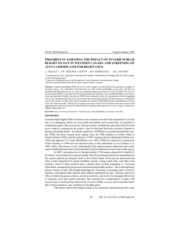 (PDF) Progress in assessing the impact of Fusarium head blight on oat ...