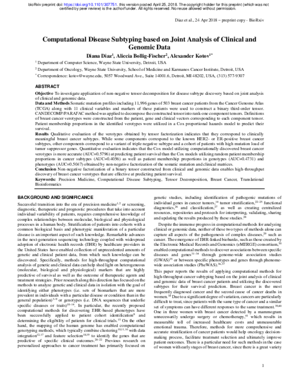 Pdf Computational Disease Subtyping Based On Joint Analysis Of Clinical And Genomic Data