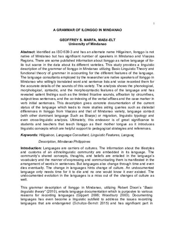 (DOC) A Grammar of Ilonggo in Mindanao
