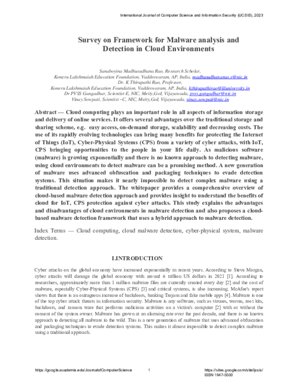Pdf Survey On Framework For Malware Analysis And Detection In Cloud