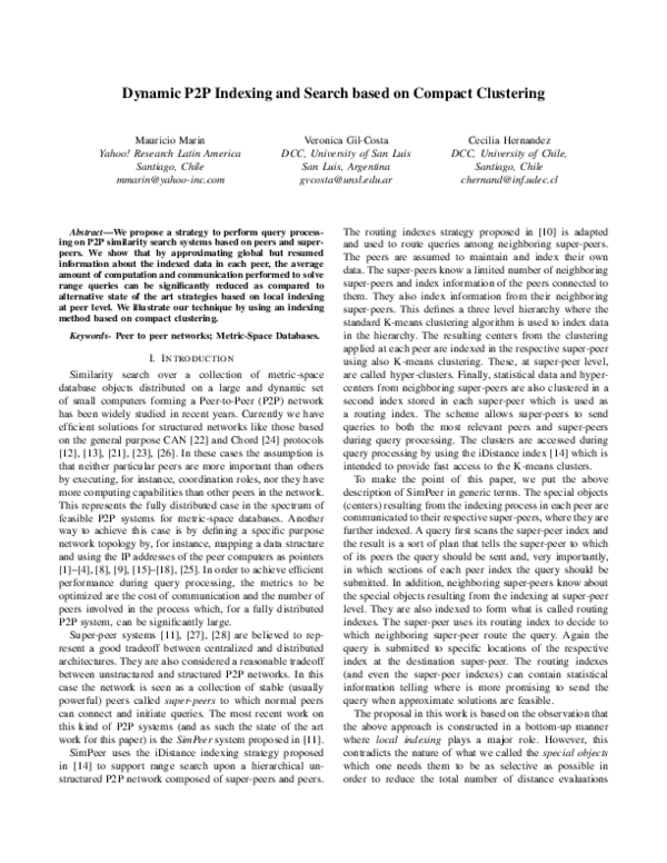 (PDF) Dynamic P2P Indexing and Search Based on Compact Clustering | Cecy Hernandez - Academia.edu