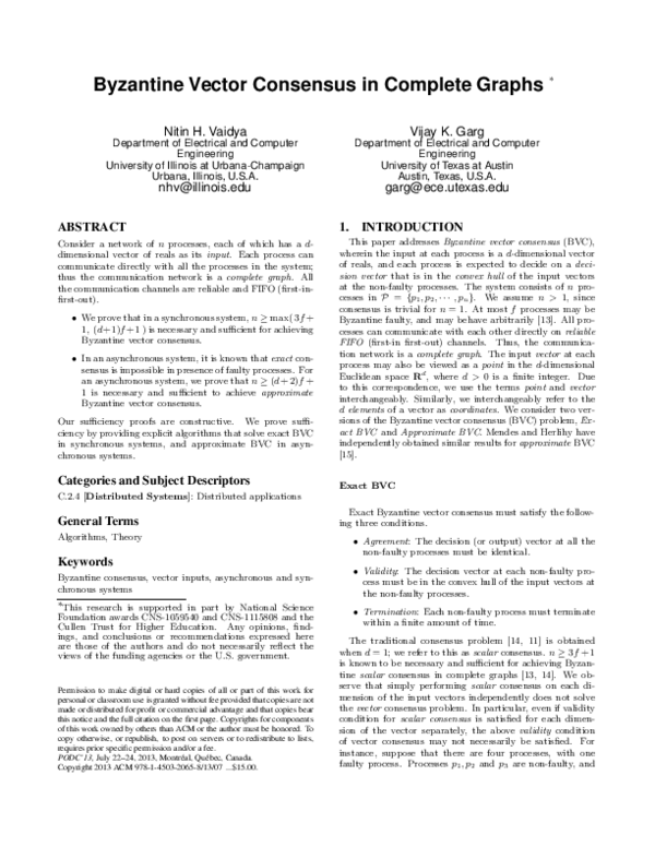 (PDF) Byzantine vector consensus in complete graphs