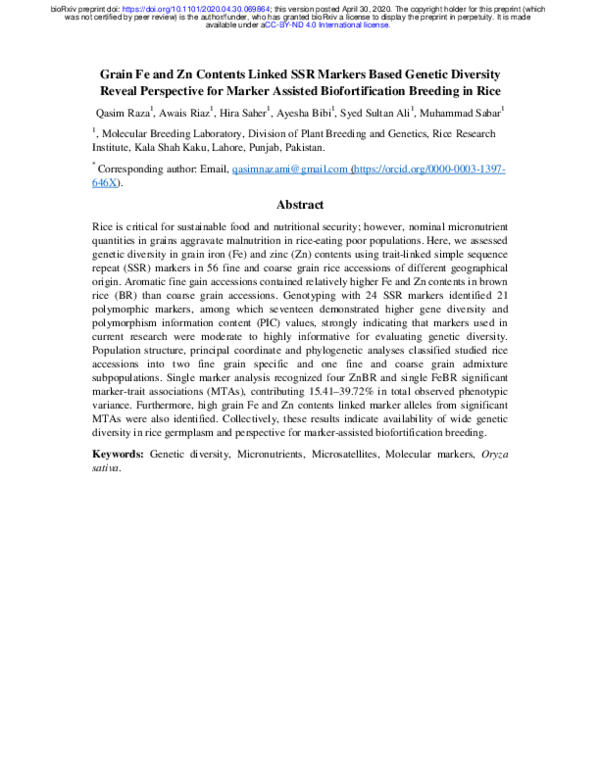 (PDF) Grain Fe and Zn Contents Linked SSR Markers Based Genetic Diversity Reveal Perspective for ...