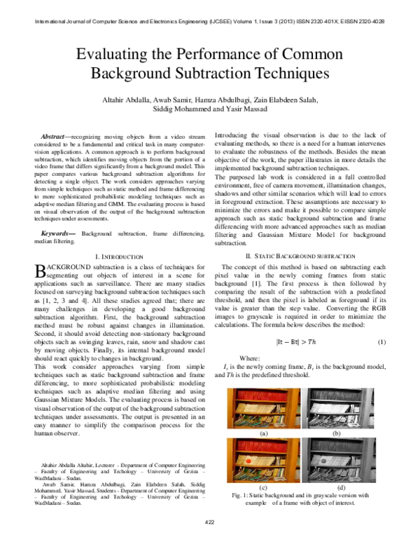 (PDF) Evaluating the Performance of Common Background Subtraction Techniques