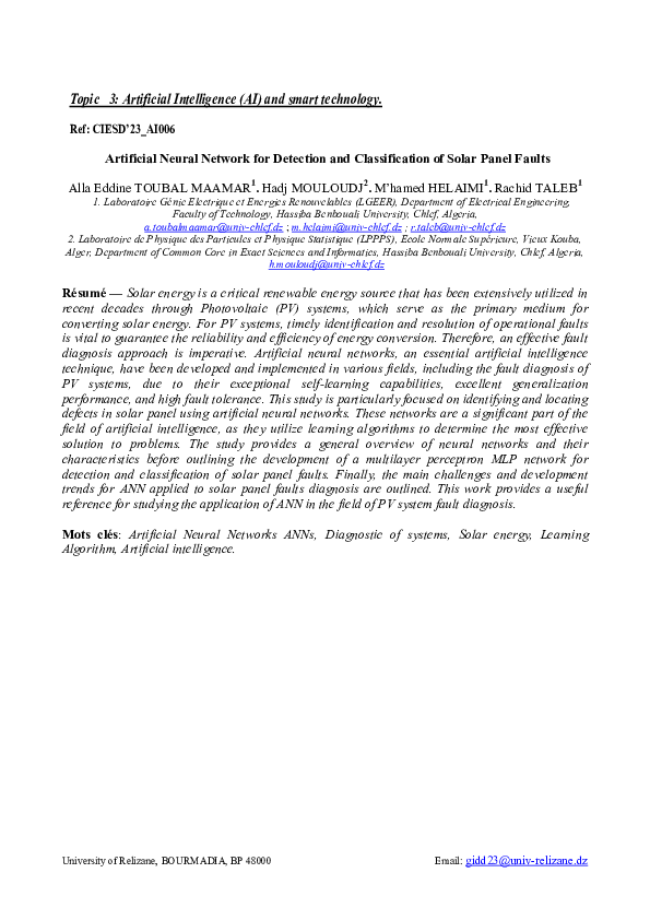 Pdf Artificial Neural Network For Detection And Classification Of Solar Panel Faults