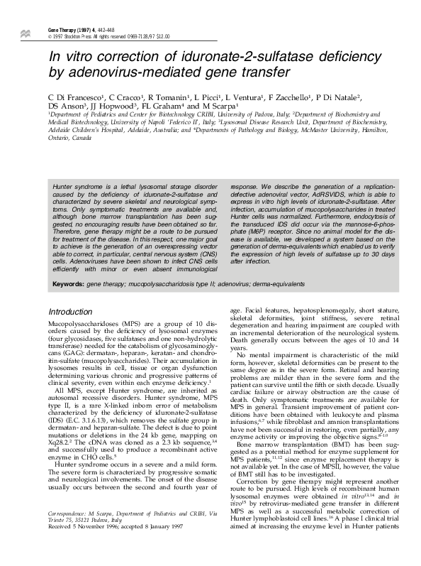 (PDF) In vitro correction of iduronate-2-sulfatase deficiency by ...