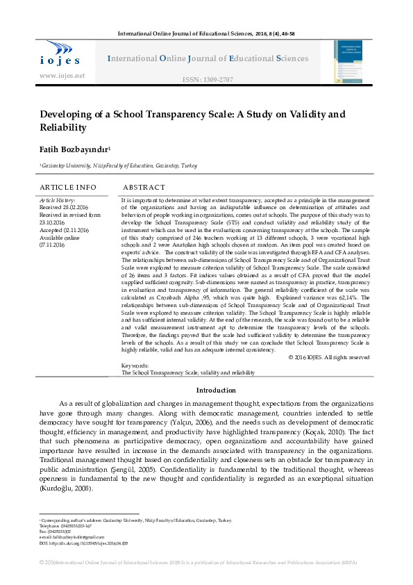 (PDF) Developing of a School Transparency Scale: A Study on Validity ...