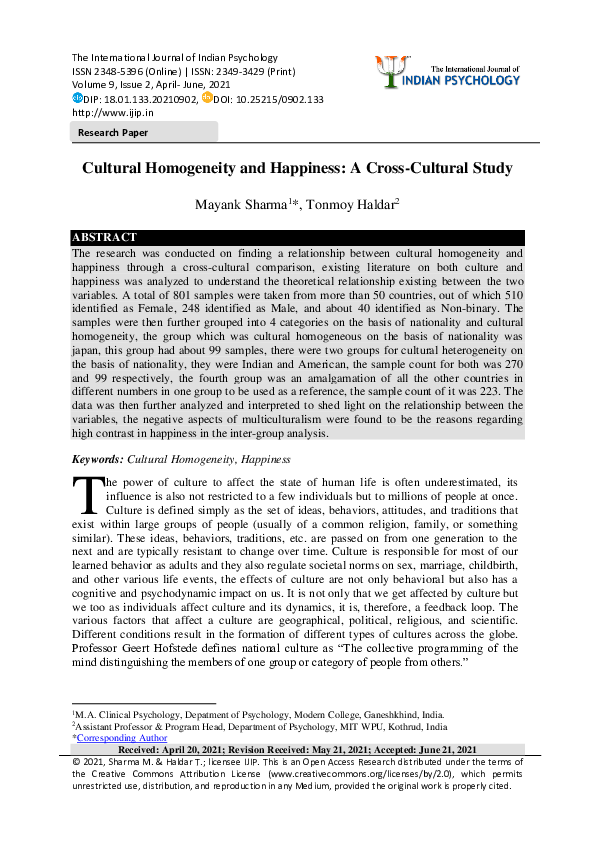 (PDF) Cultural Homogeneity and Happiness: A Cross-Cultural Study