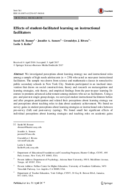 (PDF) Effects of student-facilitated learning on instructional facilitators
