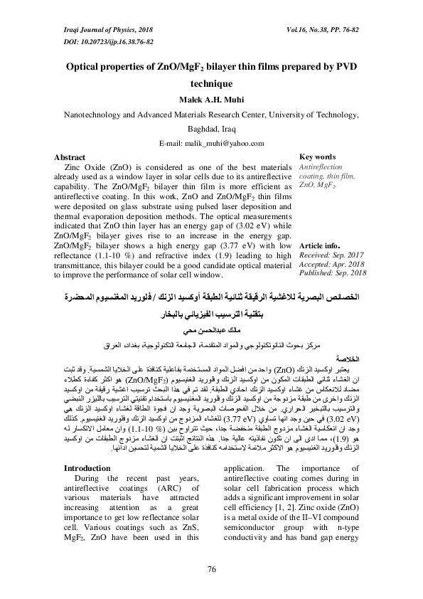 (PDF) Optical properties of ZnO/MgF2 bilayer thin films prepared by PVD technique
