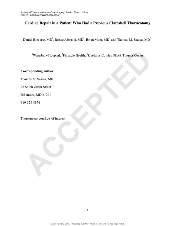 (PDF) Cardiac Repair in a Patient Who Had a Previous Clamshell Thoracotomy