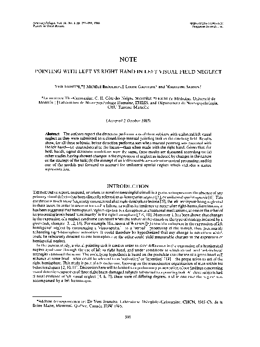 (PDF) Pointing with left vs right hand in left visual field neglect