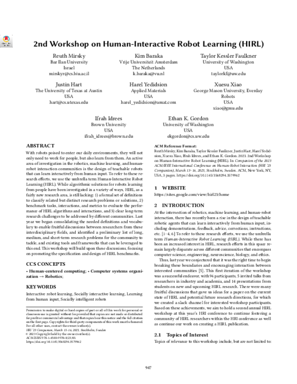 (PDF) 2nd Workshop on Human-Interactive Robot Learning (HIRL)