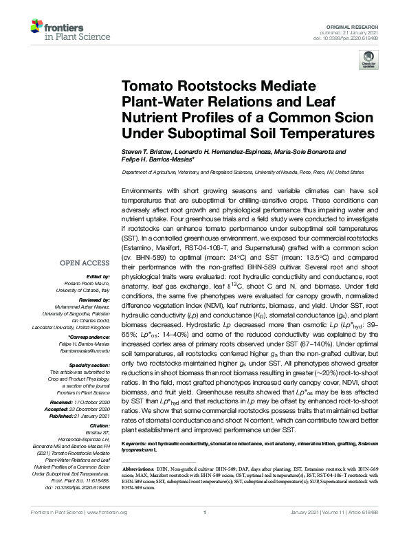 (PDF) Tomato Rootstocks Mediate Plant-Water Relations and Leaf Nutrient ...