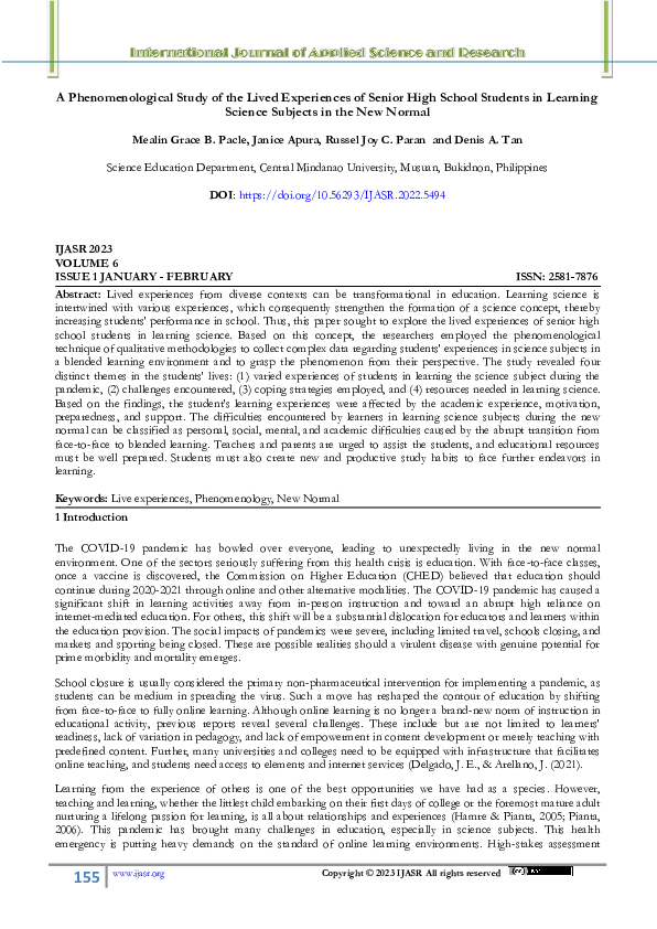 (PDF) A Phenomenological Study of the Lived Experiences of Senior High School Students in ...