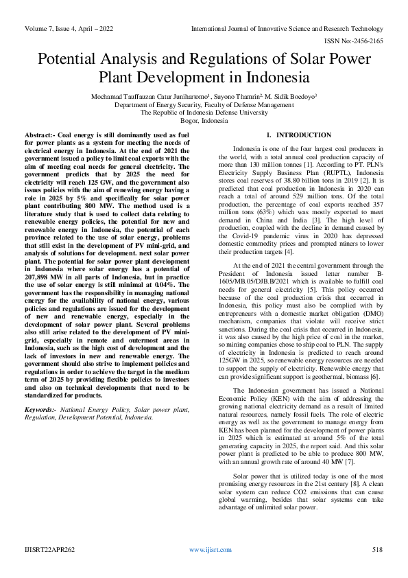 (PDF) Potential Analysis and Regulations of Solar Power Plant ...