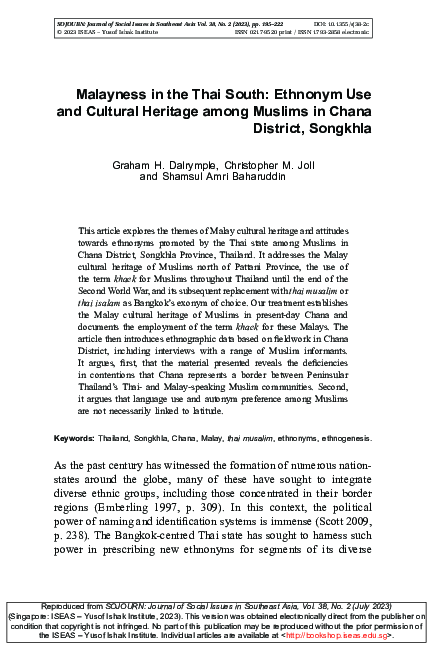 (PDF) (2023) Malayness in the Thai South: Ethnonym Use and Cultural ...
