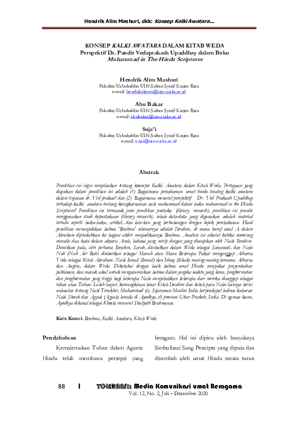 (PDF) KONSEP KALKI AWATARA DALAM KITAB WEDA Perspektif Dr. Pandit ...