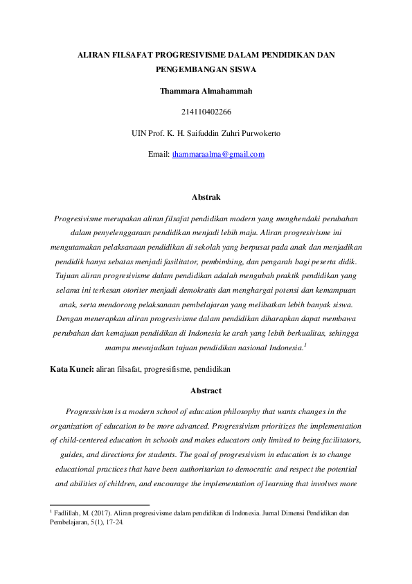 (PDF) ALIRAN FILSAFAT PROGRESIVISME DALAM PENDIDIKAN DAN PENGEMBANGAN SISWA