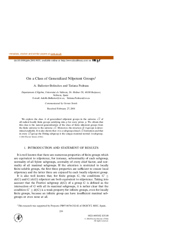 (PDF) On a Class of Generalized Nilpotent Groups