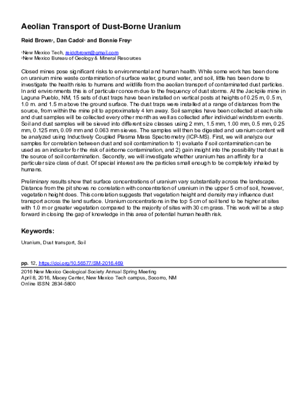 (PDF) Aeolian Transport of Dust-Borne Uranium