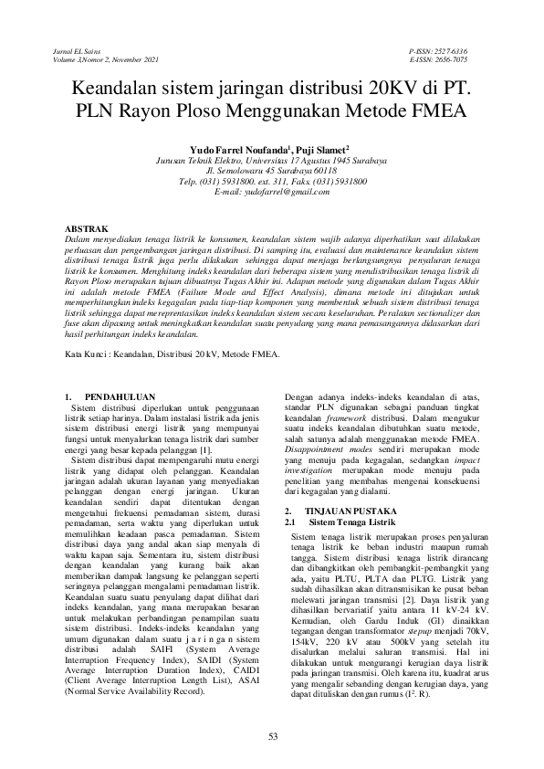 (PDF) Keandalan sistem jaringan distribusi 20KV di PT. PLN Rayon Ploso Menggunakan Metode FMEA ...