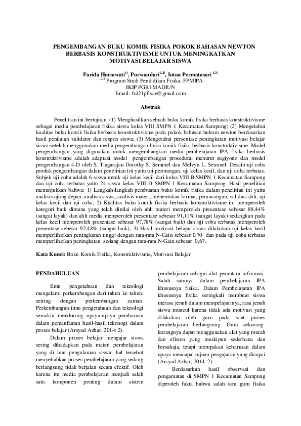 (PDF) Pengembangan Buku Komik Fisika Pokok Bahasan Newton Berbasis Konstruktivisme Untuk ...