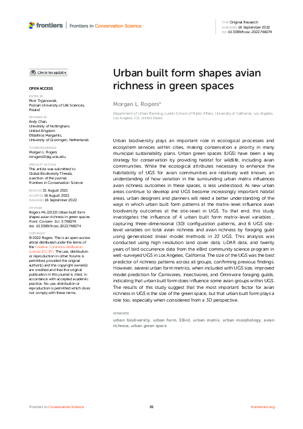 (PDF) Urban built form shapes avian richness in green spaces