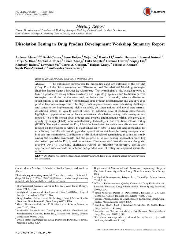Pdf Dissolution Testing In Drug Product Development Workshop Summary Report