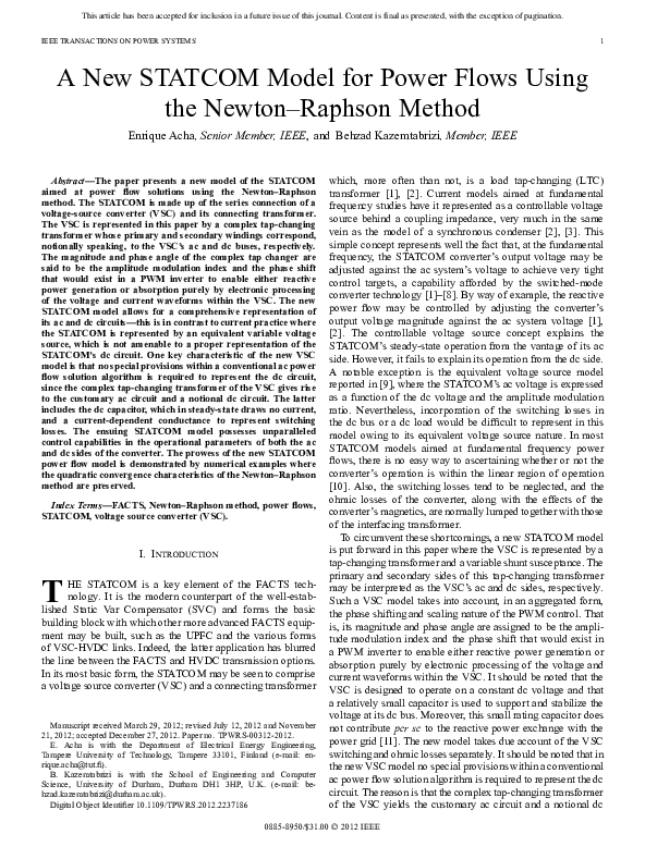(PDF) A New STATCOM Model for Power Flows Using the Newton–Raphson Method