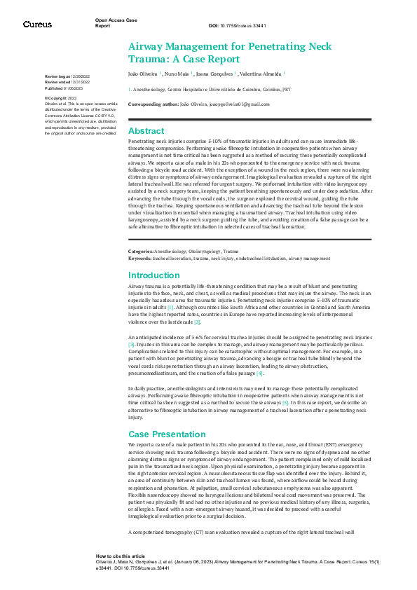 (PDF) Airway Management for Penetrating Neck Trauma: A Case Report