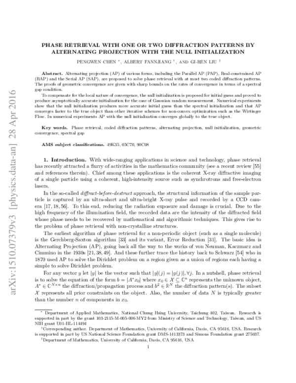 Pdf Phase Retrieval With One Or Two Diffraction Patterns By Alternating Projections With The 