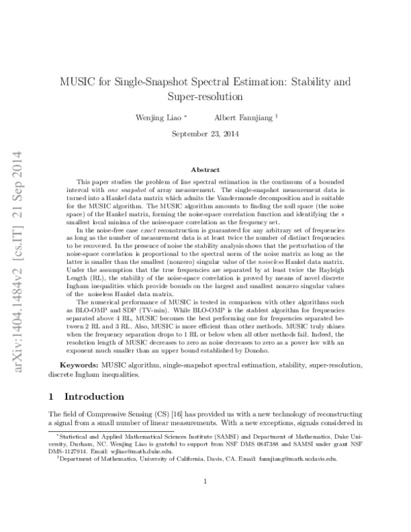 (PDF) MUSIC for single-snapshot spectral estimation: Stability and super-resolution