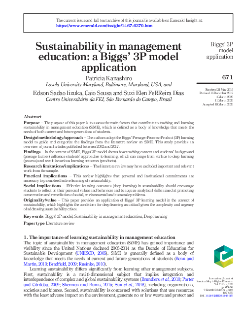 (PDF) Sustainability in management education: a Biggs’ 3P model application