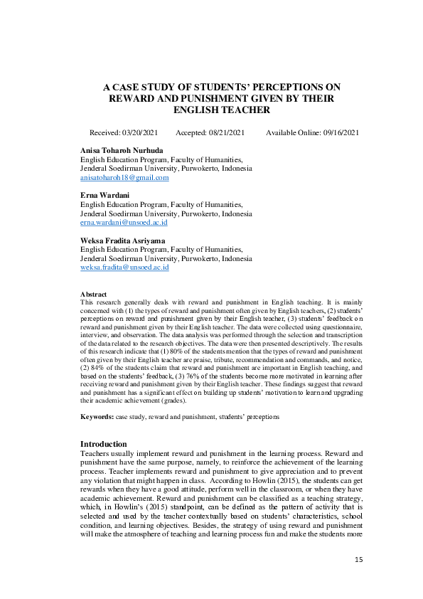 (PDF) A Case Study of Students’ Perceptions on Reward and Punishment Given by Their English Teacher