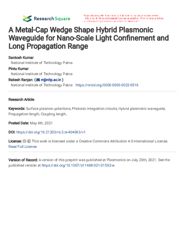(PDF) A Metal-Cap Wedge Shape Hybrid Plasmonic Waveguide for Nano-scale Light Confinement and ...