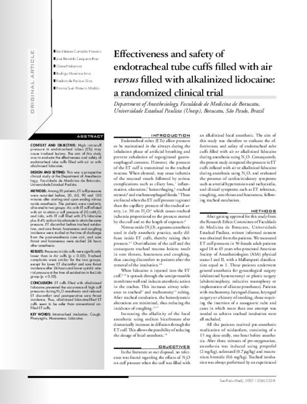 (PDF) Air vs Lidocaine in Endotracheal Tube Cuffs