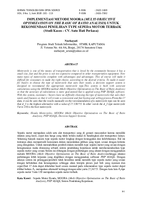Pdf Implementasi Metode Moora Multi Objective Optimization On The Basic Of Ratio Analysis