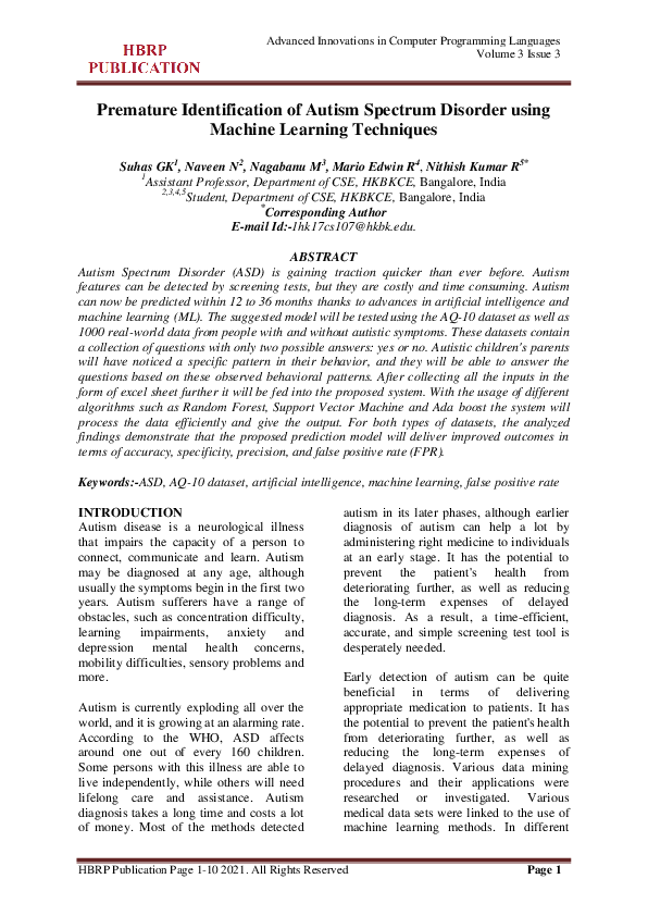 (PDF) Premature Identification of Autism Spectrum Disorder using Machine Learning Techniques ...