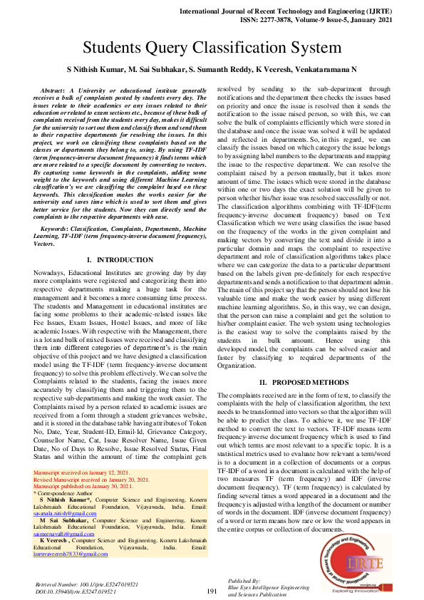 (PDF) Students Query Classification System (PDF) Students Query Classification System