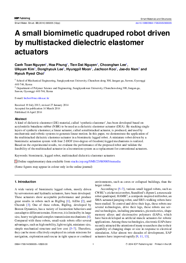Pdf A Small Biomimetic Quadruped Robot Driven By Multistacked Dielectric Elastomer Actuators