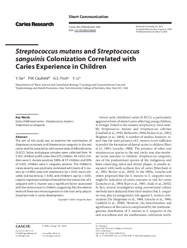 (PDF) Streptococcus mutans and Streptococcus sanguinis Colonization ...