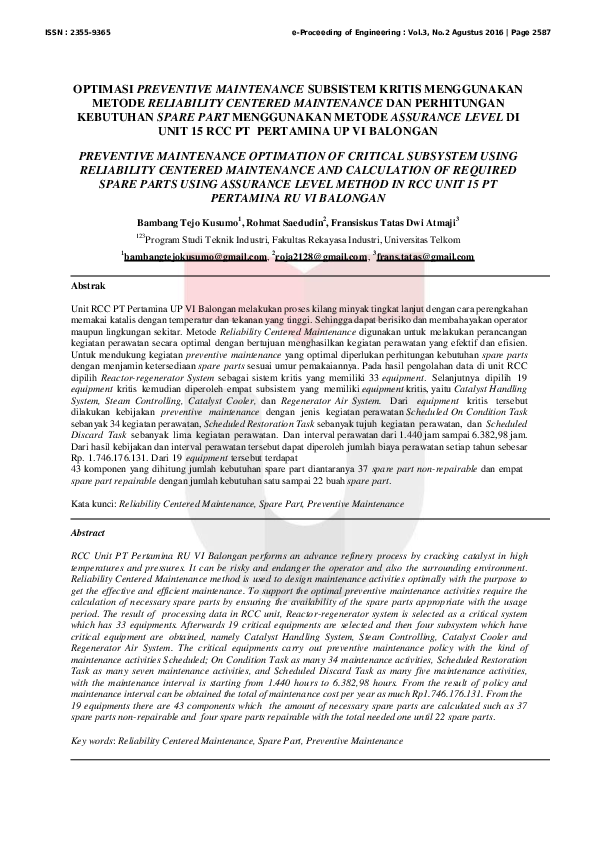 (PDF) Optimasi Preventive Maintenance Subsistem Kritis Menggunakan Metode Reliability Centered ...