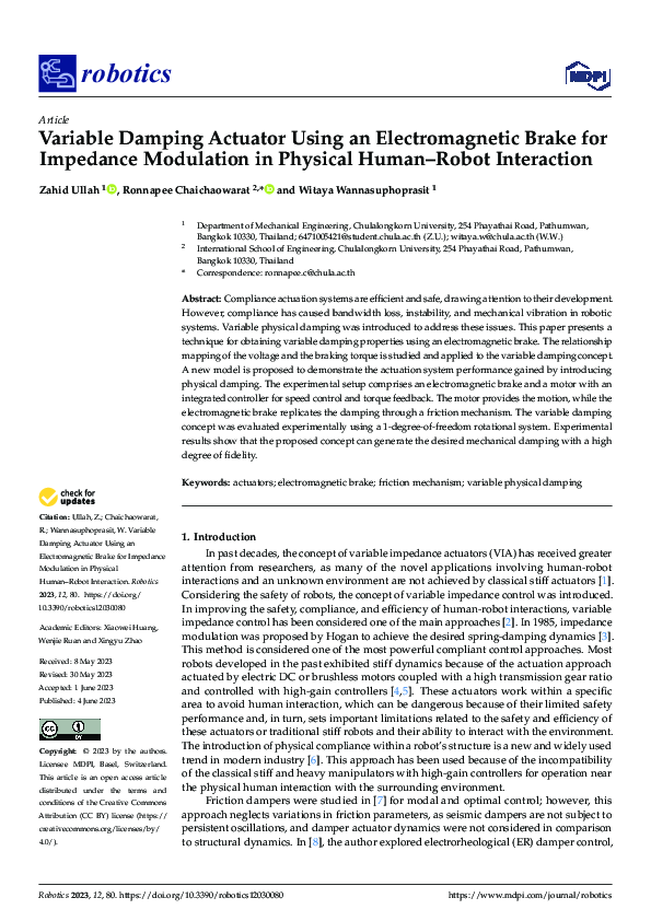 (PDF) Variable Damping Actuator Using an Electromagnetic Brake for Impedance Modulation in ...
