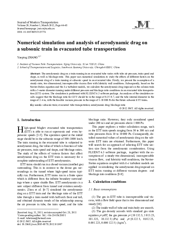 (PDF) Numerical simulation and analysis of aerodynamic drag on a subsonic train in evacuated ...
