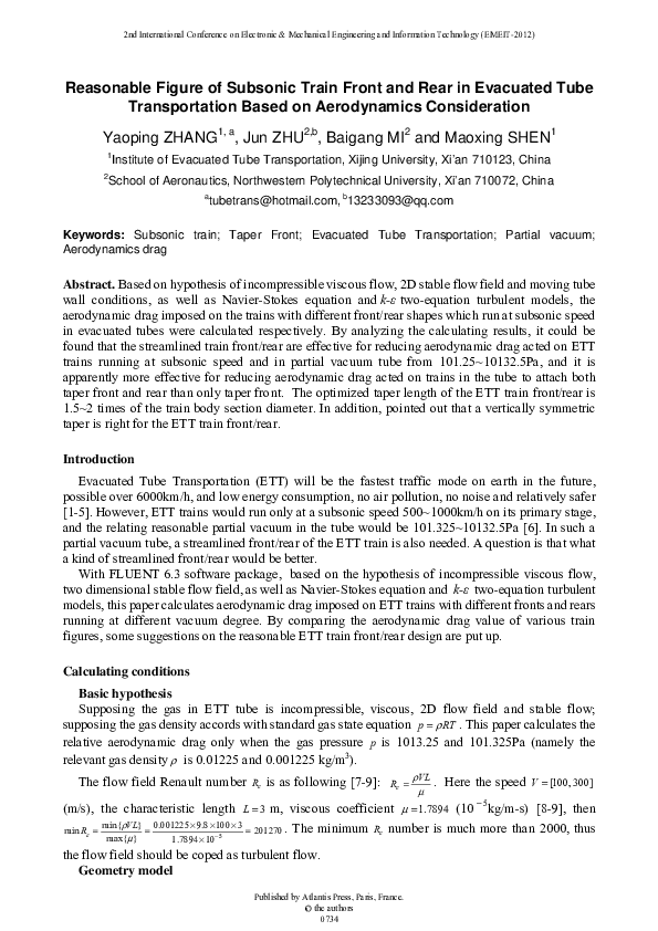 (PDF) Reasonable Figure of Subsonic Train Front and Rear in Evacuated ...