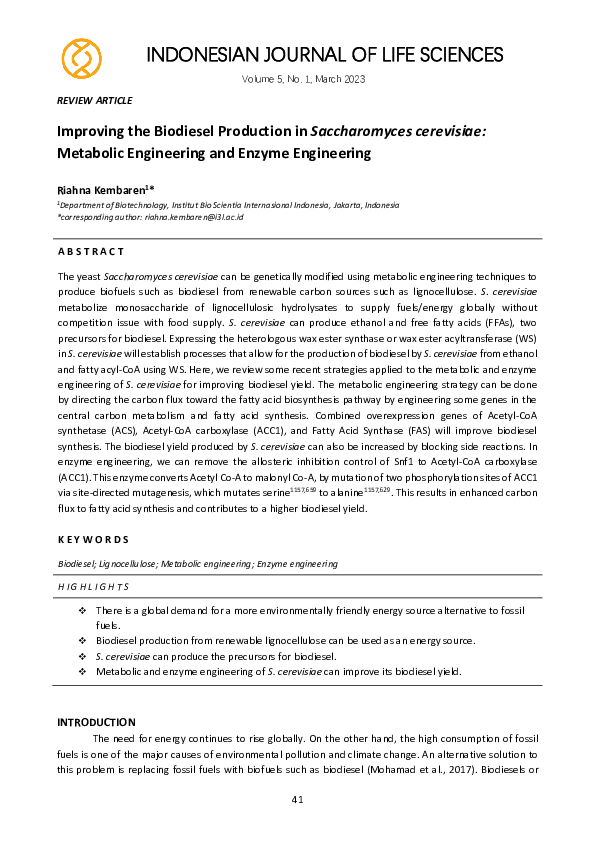 Pdf Improving The Biodiesel Production In Saccharomyces Cerevisiae