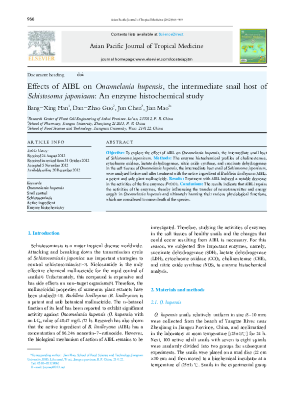(PDF) Effects of AIBL on Oncomelania hupensis, the intermediate snail ...