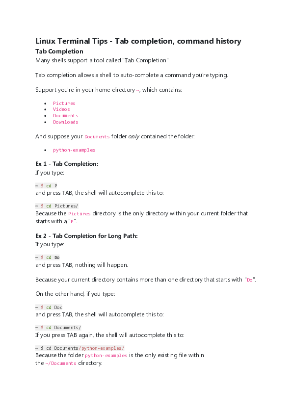 (DOC) Linux Terminal Tips -Tab completion, command history (DOC) Linux Terminal Tips -Tab completion, command history